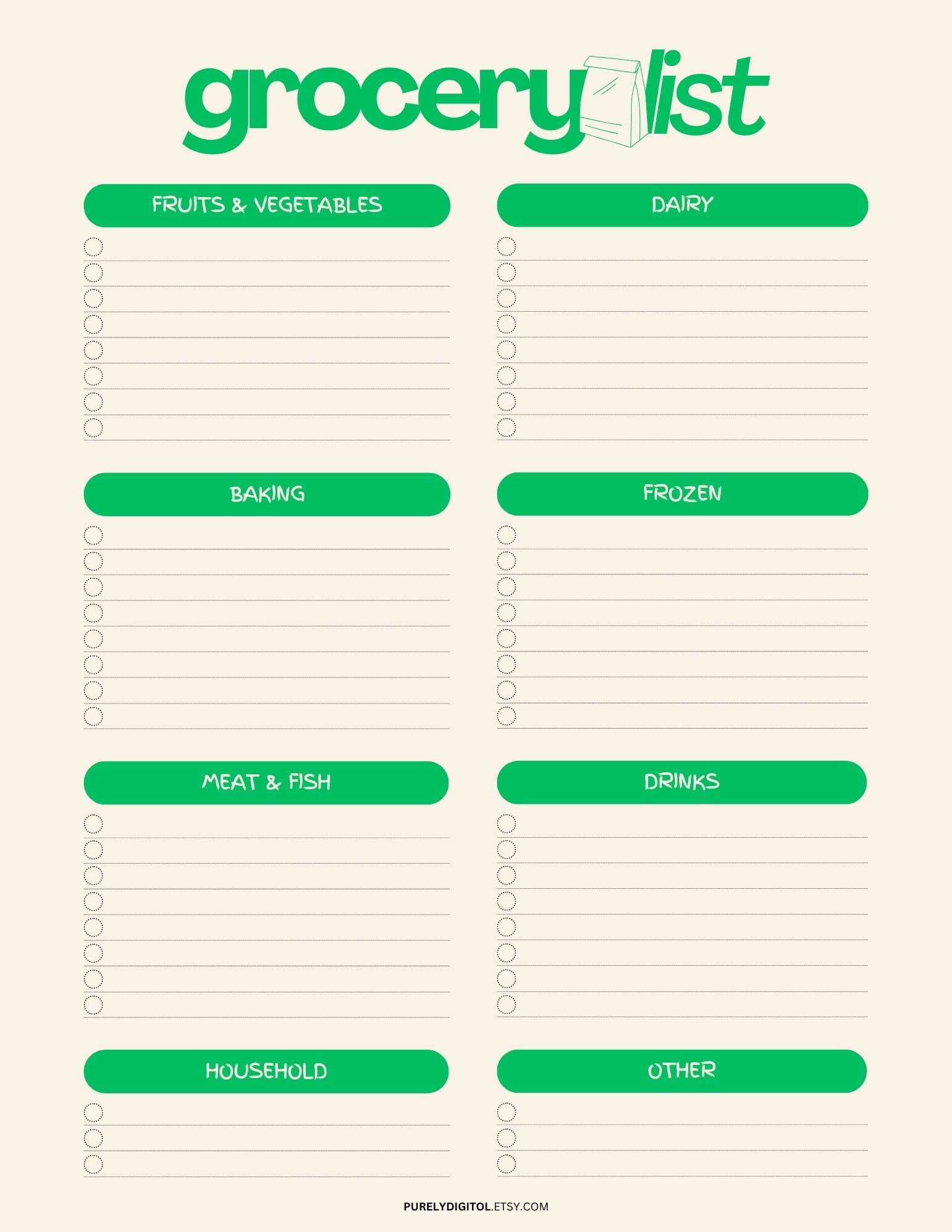 Printable Grocery List Template | Grocery Planner for Food Shopping ...