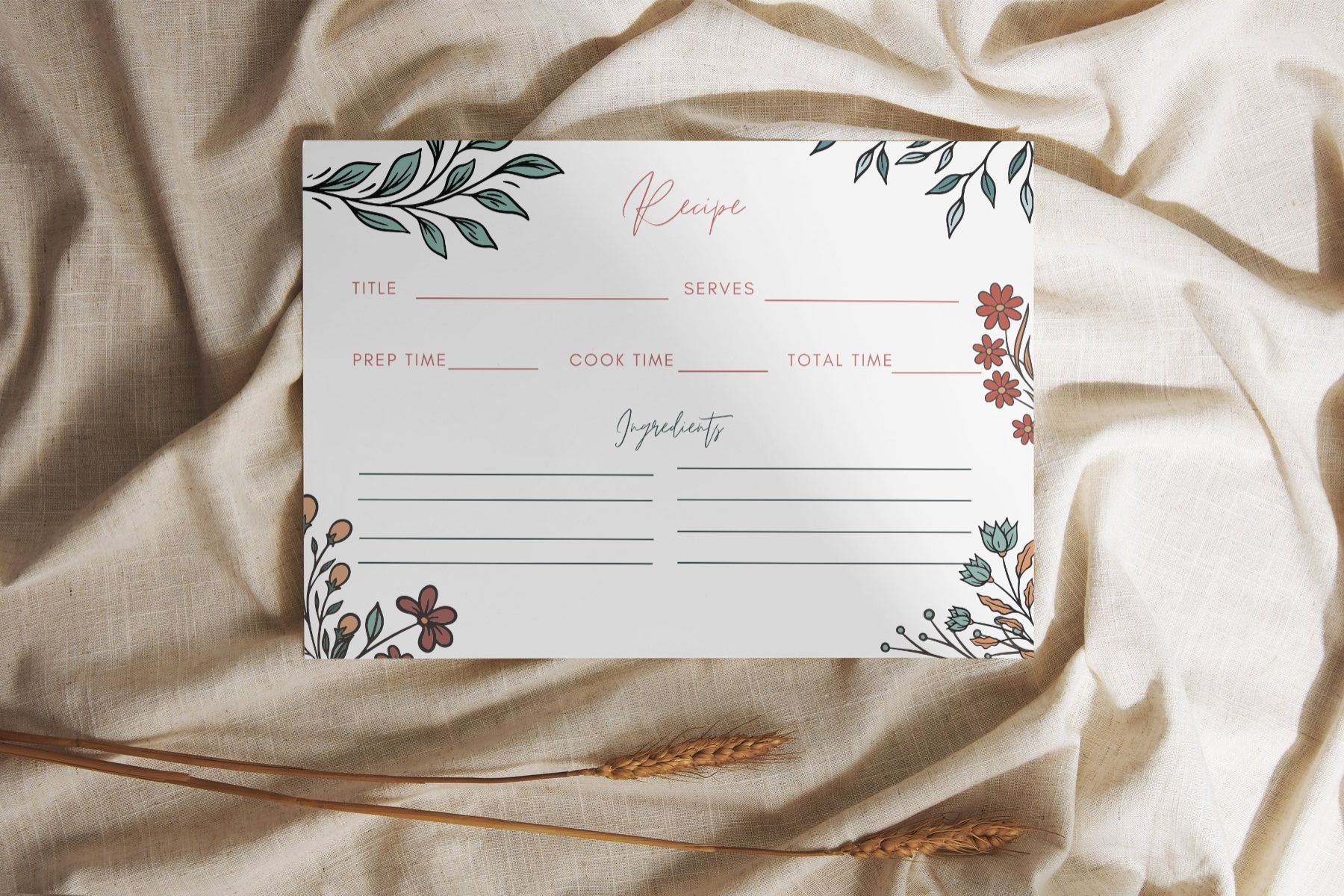 Editable Wildflower Recipe Card Template Printable Bridal Shower Recipe ...