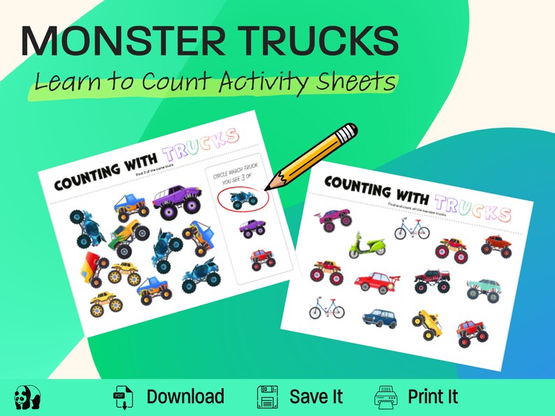 Monster Truck Counting Activity Sheets: Learn to Count 1-10, Print at ...
