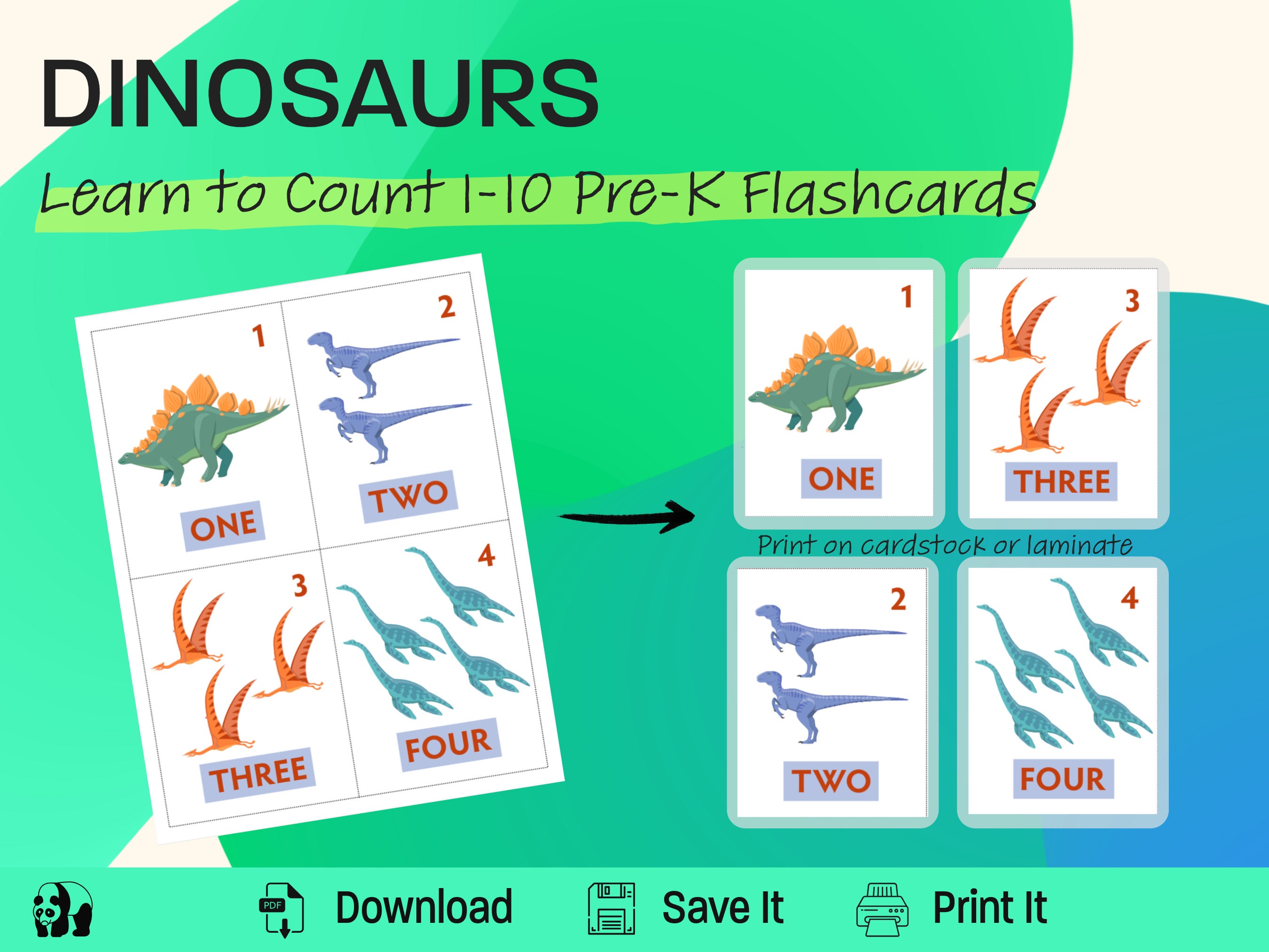 Dinosaur Printable Learn to Count Preschool Flashcards: 1-10 Counting ...