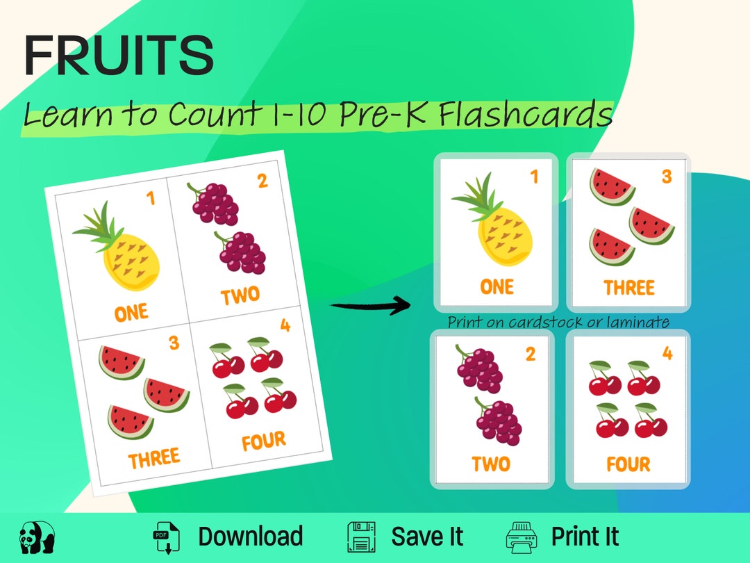 Fruits Printable Learn to Count Preschool Flashcards: 1-10 Counting ...