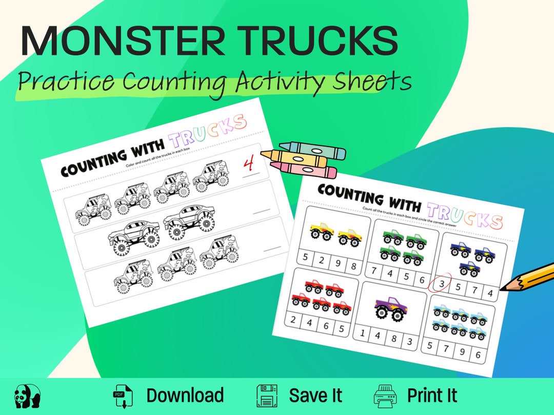 Monster Trucks Learn to Count Activity Sheets: Count 1-10, Practice ...