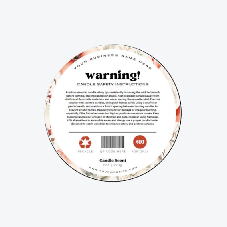 Editable Candle Warning Label Template: Safety Instructions (digital ...