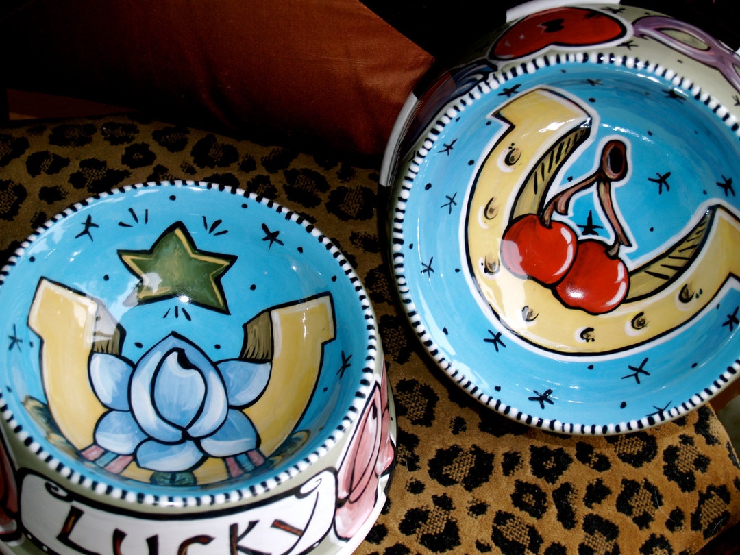 Custom Order 2 Tattoo DOG Bowl LUCKY and LOVE Ceramic Hand Painted ...