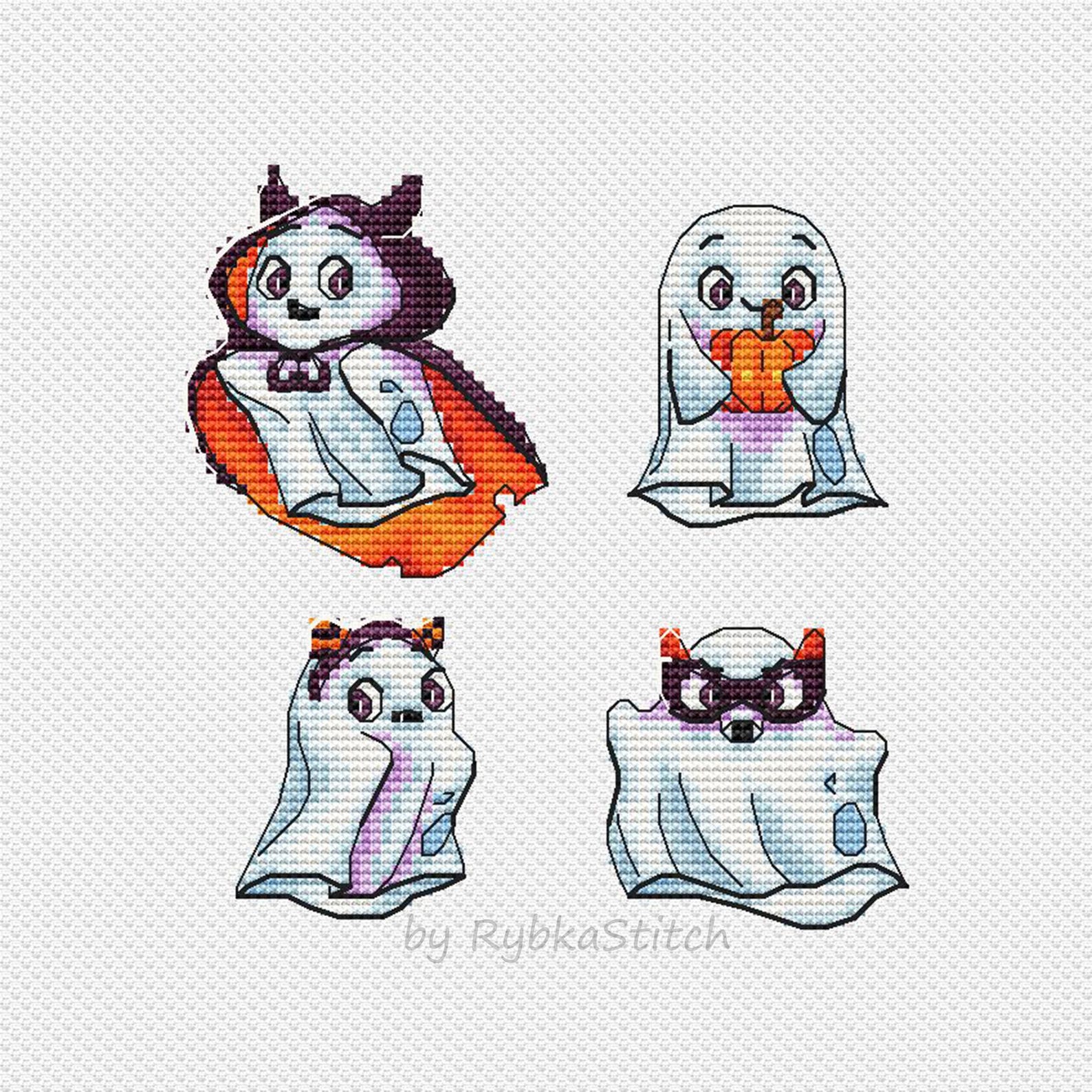 Ghosts Cross Stitch Pattern Halloween, Ghosts With Pumpkin PDF, Cute ...