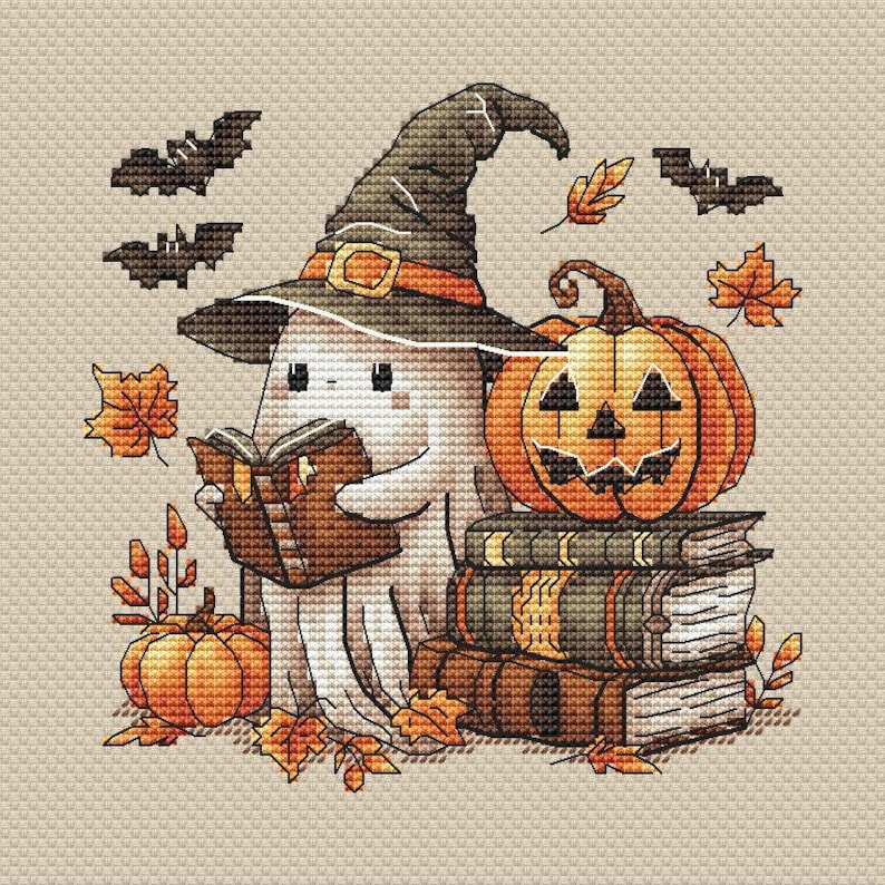 Ghost Cross Stitch Pattern, Ghost With Books PDF, Pumpkin Cross Stitch ...