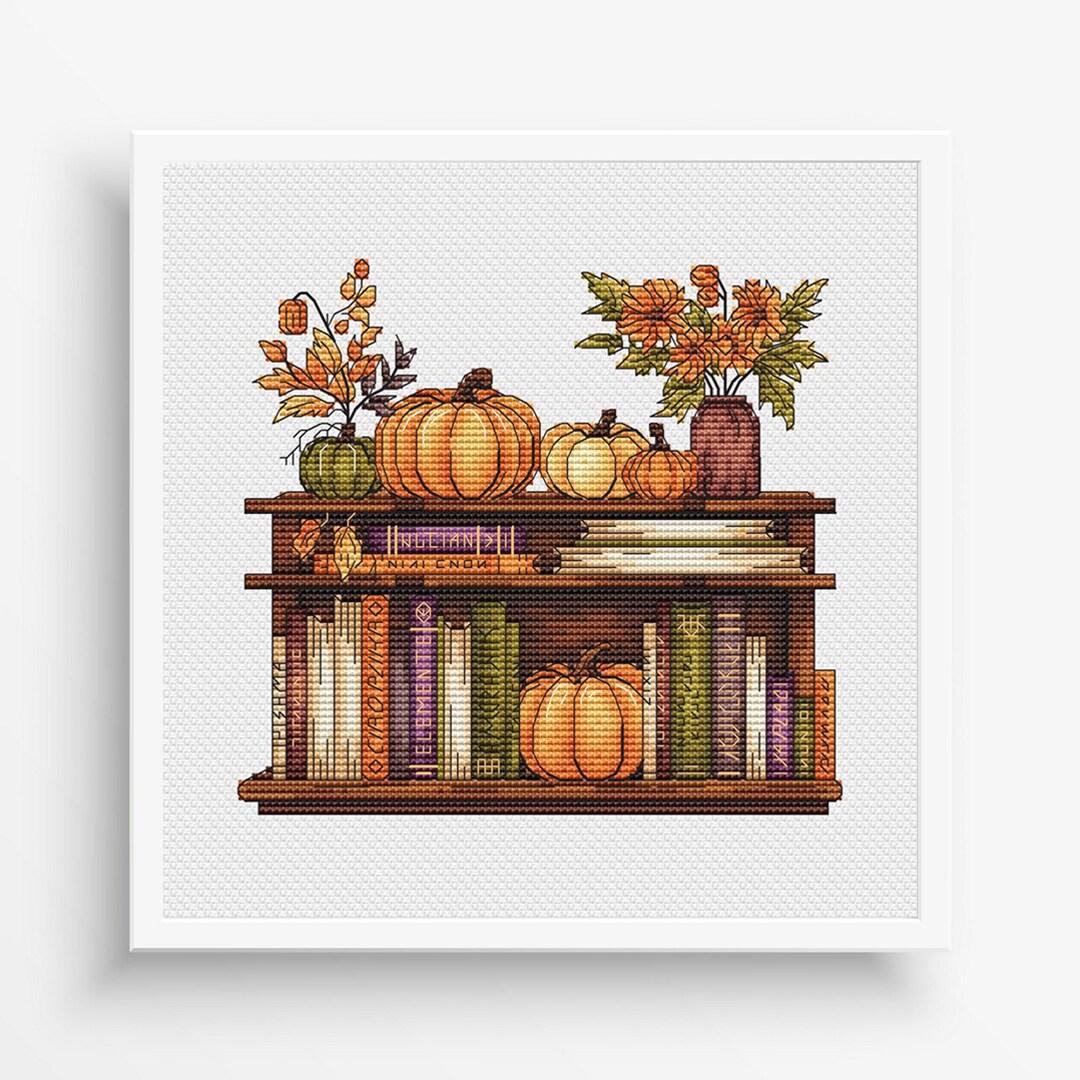 Autumn Bookshelf Cross Stitch Pattern PDF, Autumn Leaves Embroidery ...