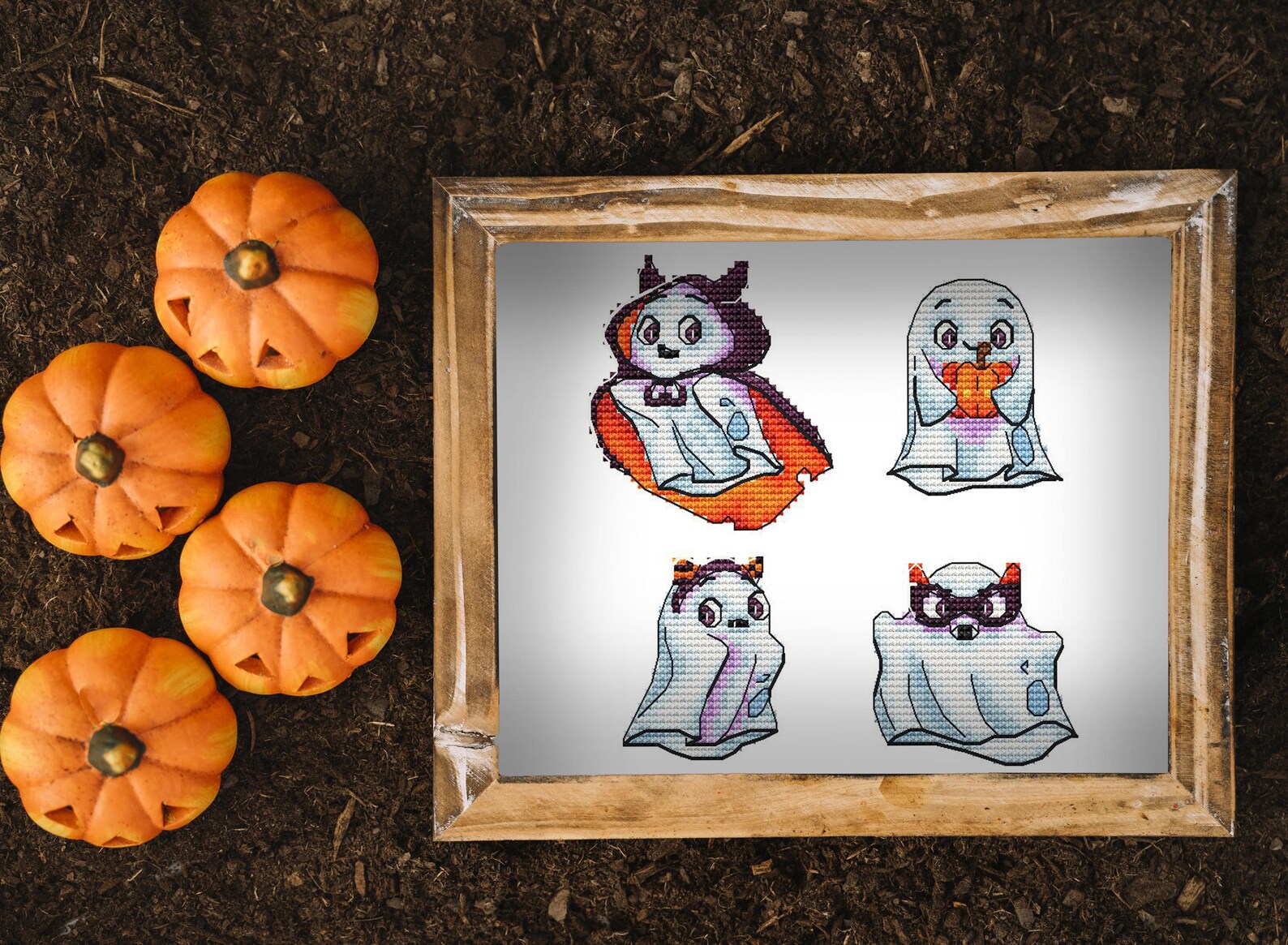 Ghosts Cross Stitch Pattern Halloween, Ghosts With Pumpkin PDF, Cute ...