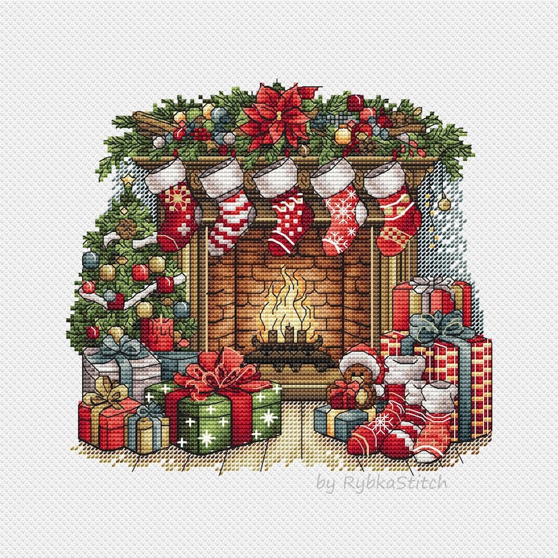 Christmas Fireplace Cross Stitch Pattern: Fire, New Year, Gifts ...