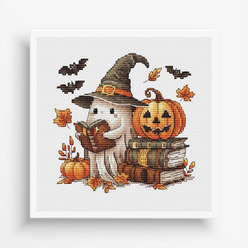 Ghost Cross Stitch Pattern, Ghost With Books PDF, Pumpkin Cross Stitch ...