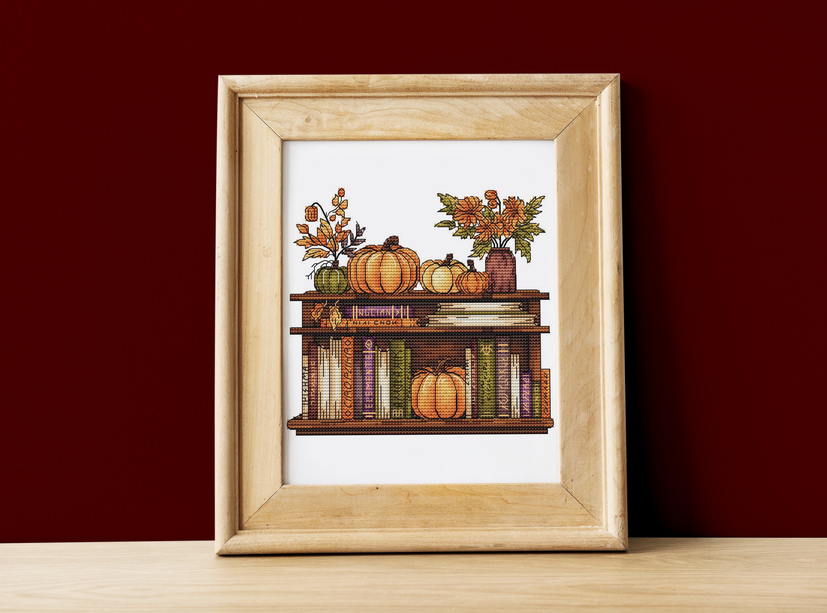 Autumn Bookshelf Cross Stitch Pattern PDF, Autumn Leaves Embroidery ...