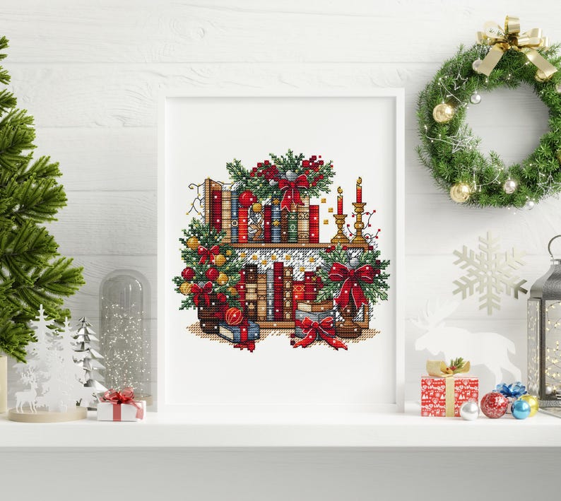 Christmas Bookshelf Cross Stitch Pattern PDF, New Year Decor Design ...