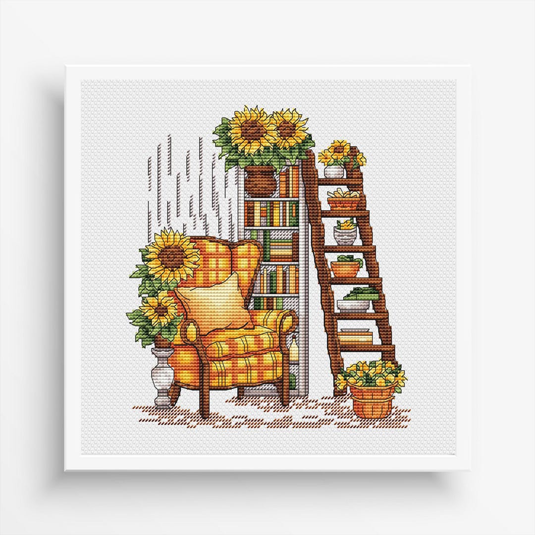 Sunflower & Books Cross Stitch Pattern: Cozy Autumn Embroidery (PDF ...