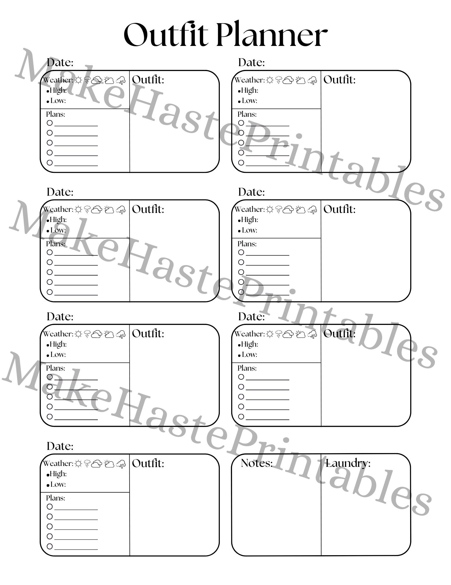 Printable Outfit Planner, Outfit Planner, Travel Planner, Weekly ...