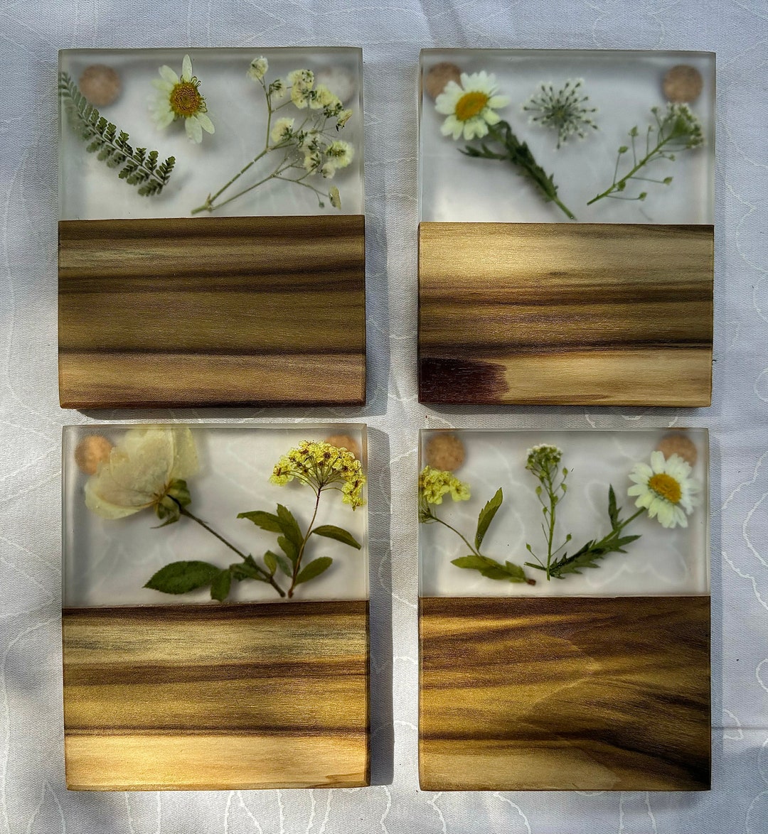 Rainbow Poplar and Epoxy Coasters With Pressed Flowers - Etsy
