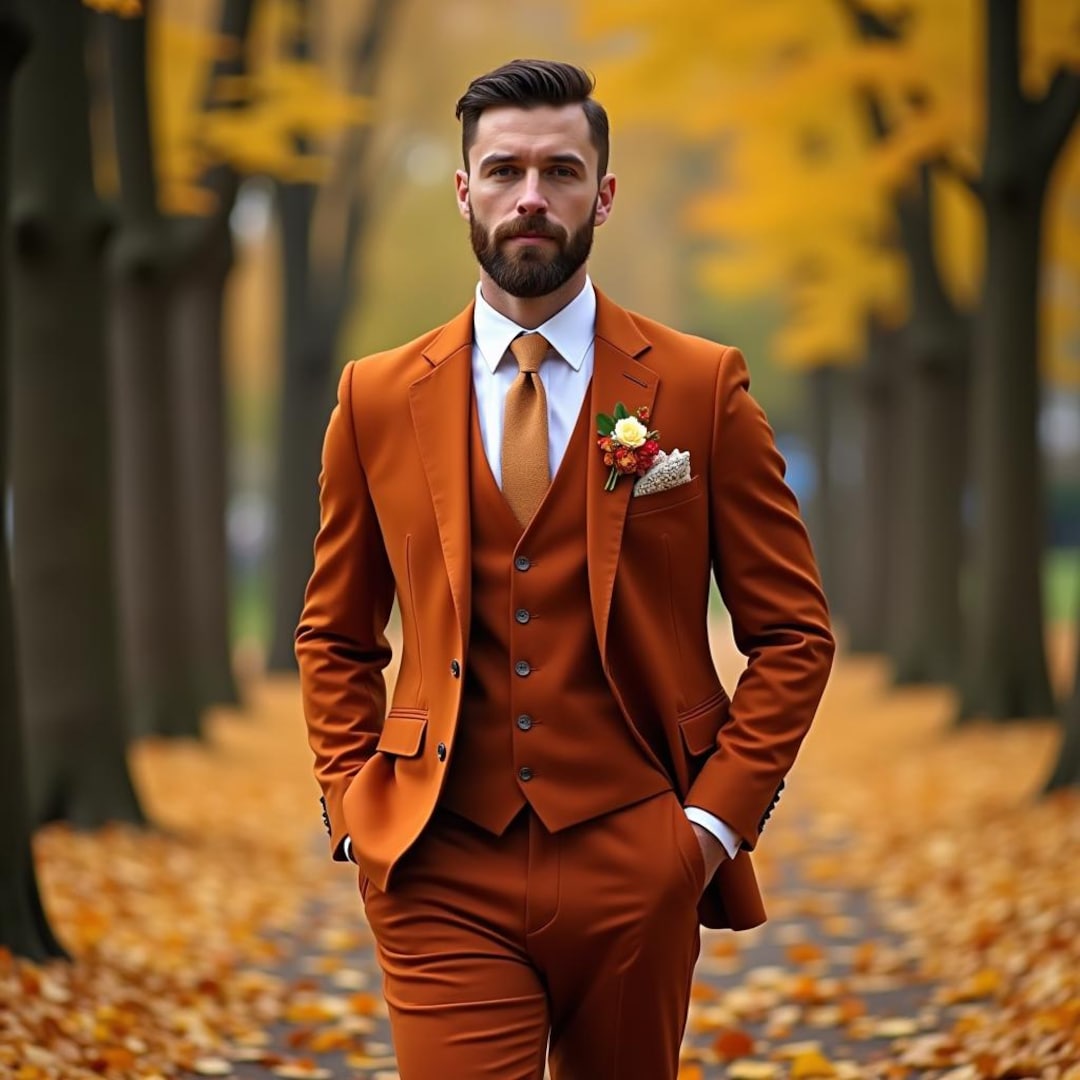 Custom Burnt Orange Wedding Suit | Personalized Men's Slim Fit Three ...