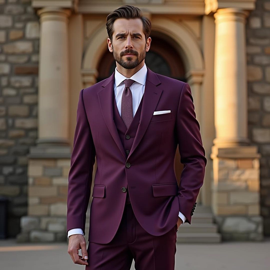 Men’s Plum 3-piece Suit | Wedding Groom Attire | Tailored Fit Formal ...
