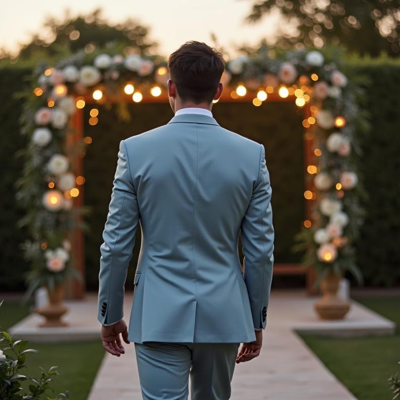 Mens Ice Blue 3-piece Suit Wedding Groom Attire Tailored Fit Formal ...