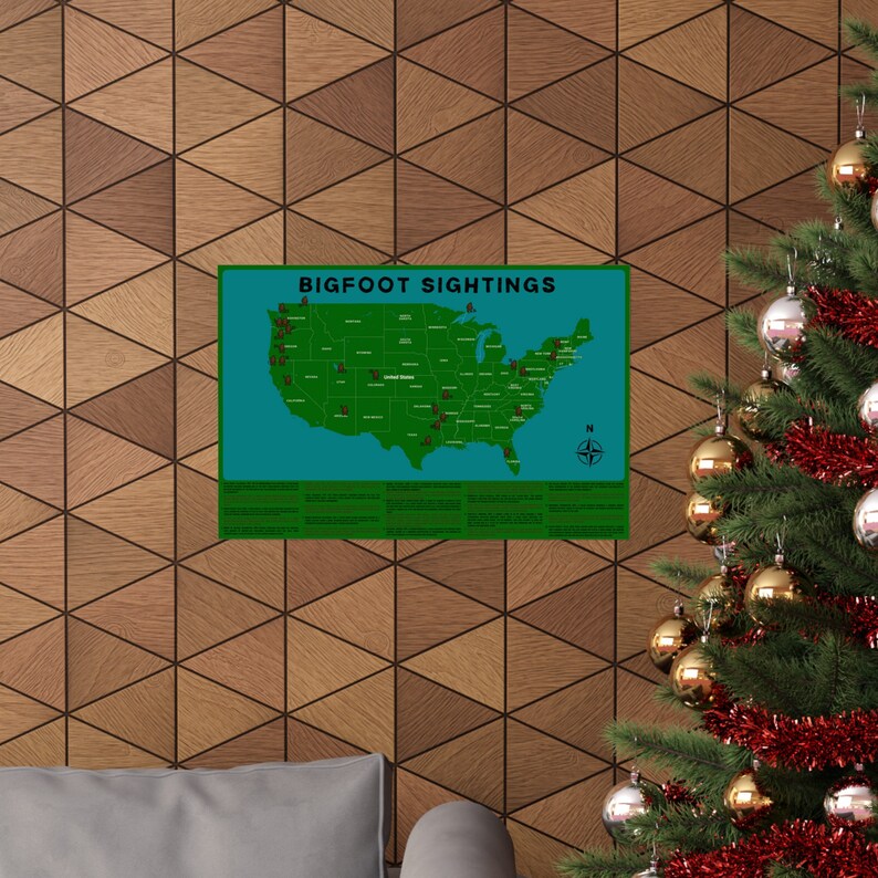 Bigfoot Sightings Map Art Cryptid Poster Print Matte Horizontal Decor ...