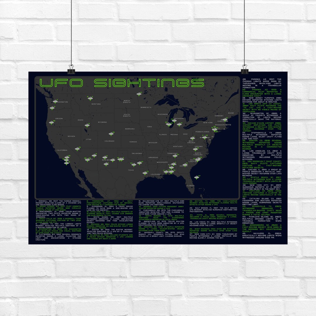 UFO Sightings Map Art Vintage Poster Print Matte Horizontal Decor ...