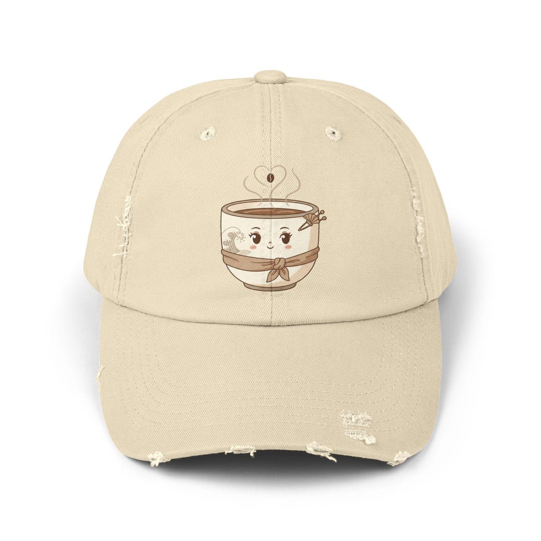 Kawaii Coffee Cup Cap | Distressed Baseball Hat, Cute Latte ...