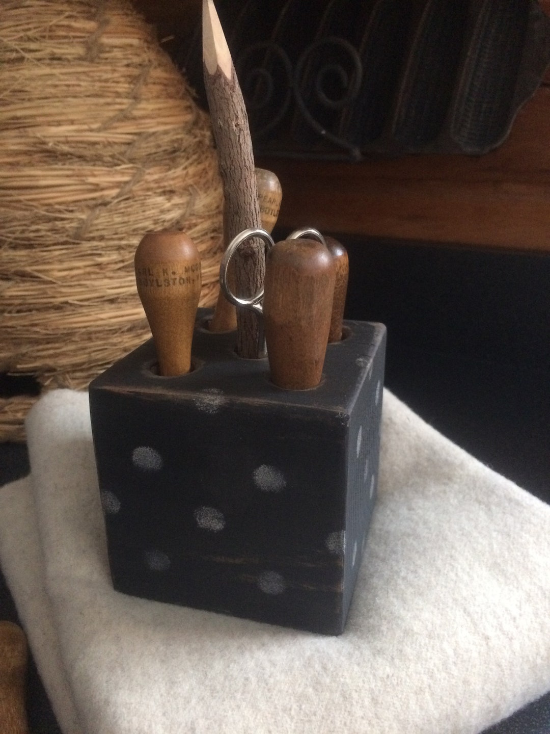 Rustic Hook Keeper Block in Black & White Polka Dot for Rug Hooks and ...
