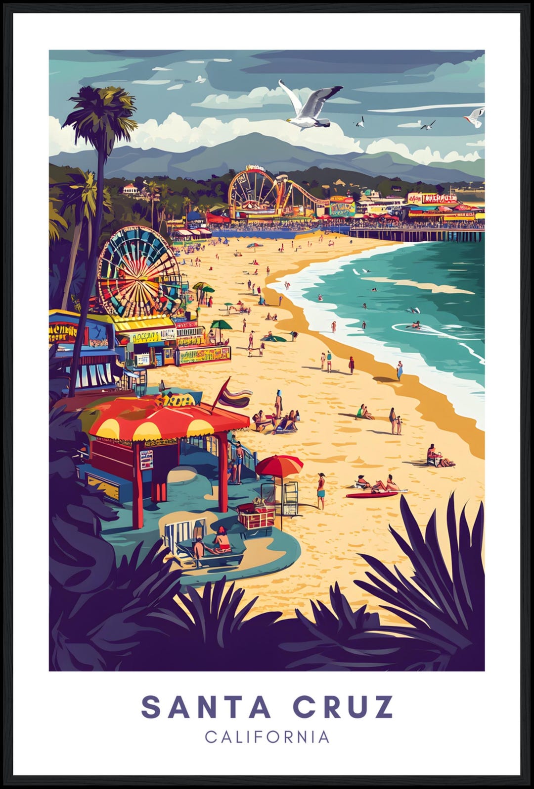 Santa Cruz Beach Boardwalk Poster, Vintage California Coastal Art Print ...