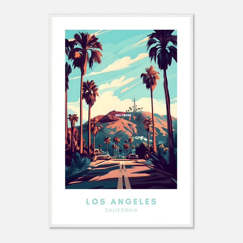 Retro Los Angeles Sunset Drive Poster Hollywood Sign & Palm Trees Art ...