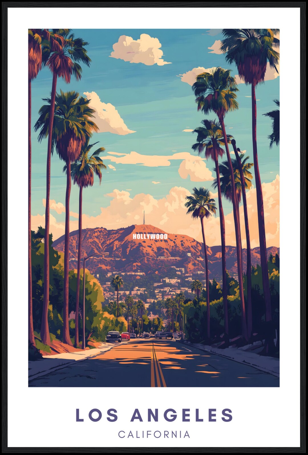 Los Angeles California Palm Trees & Hollywood Sign Art Print - Vintage ...