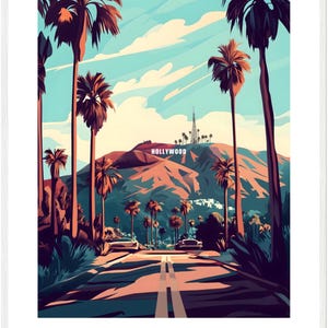 Retro Los Angeles Sunset Drive Poster - Hollywood Sign & Palm Trees Art ...