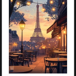 Paris France Sunset Café Poster | Eiffel Tower Twilight Art Print ...