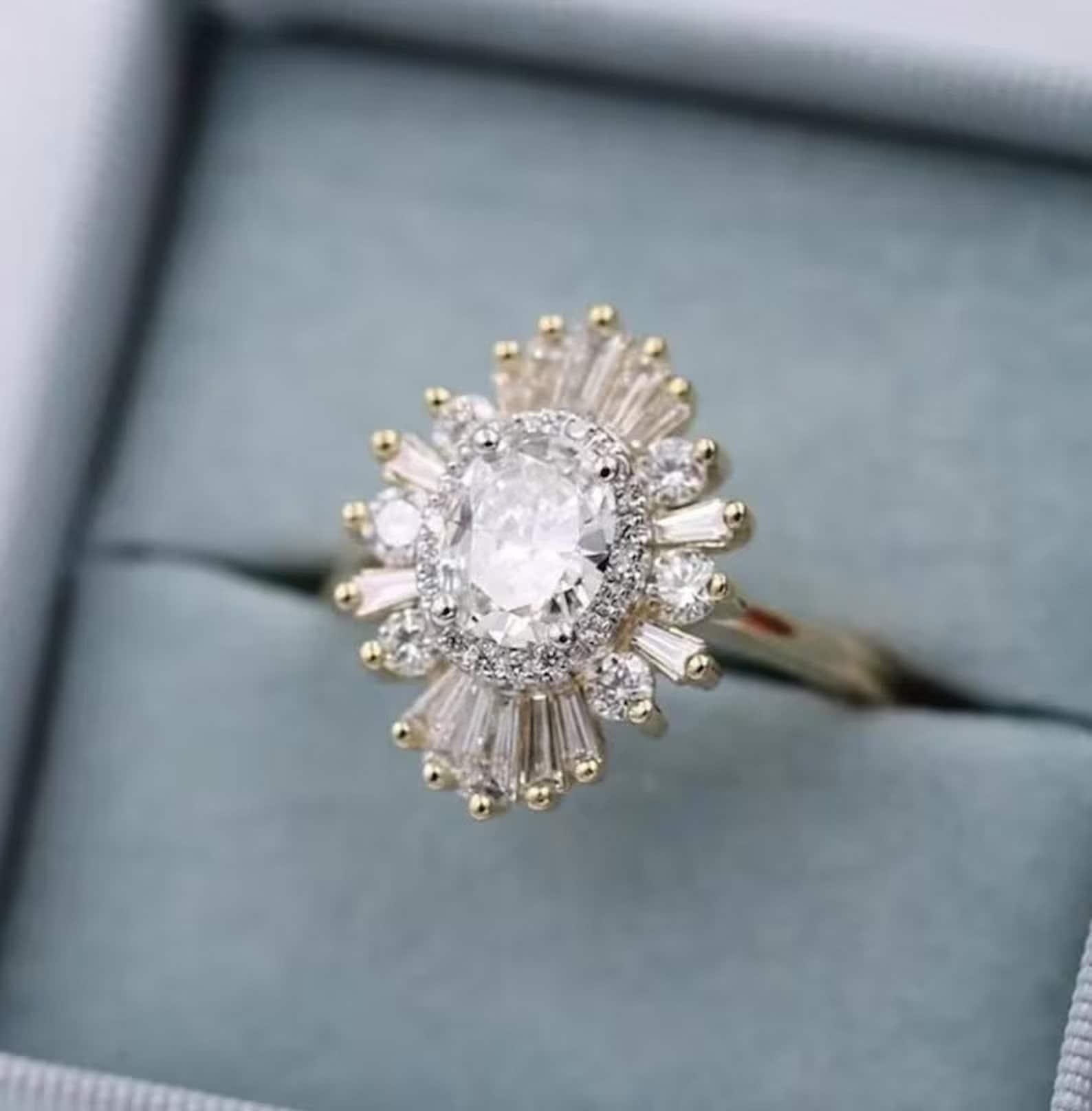 Cluster Double Starburst Halo Engagement Ring Round Cut Diamond