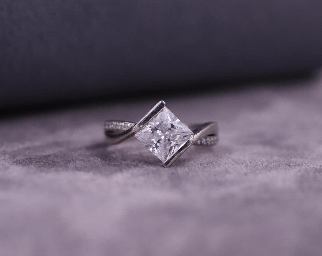Lab Diamond Princess Cut Ring, Bypass Shank Engagement Ring, Tension ...