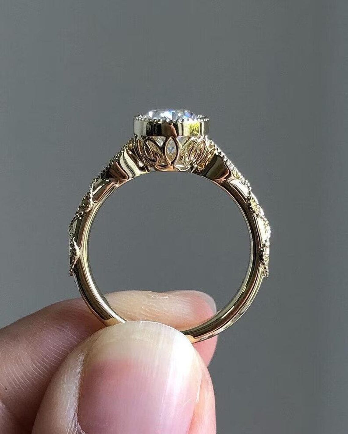 Filigree Full Bezel Set Wedding Ring, Oval Cut Moissanite Engagement ...