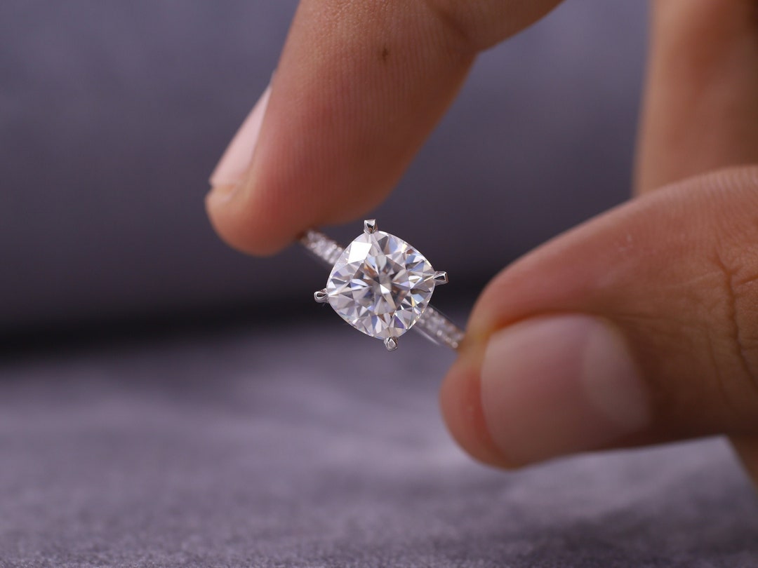 Cushion Cut Moissanite Ring, Hidden Halo Sterling Silver Promise Ring ...