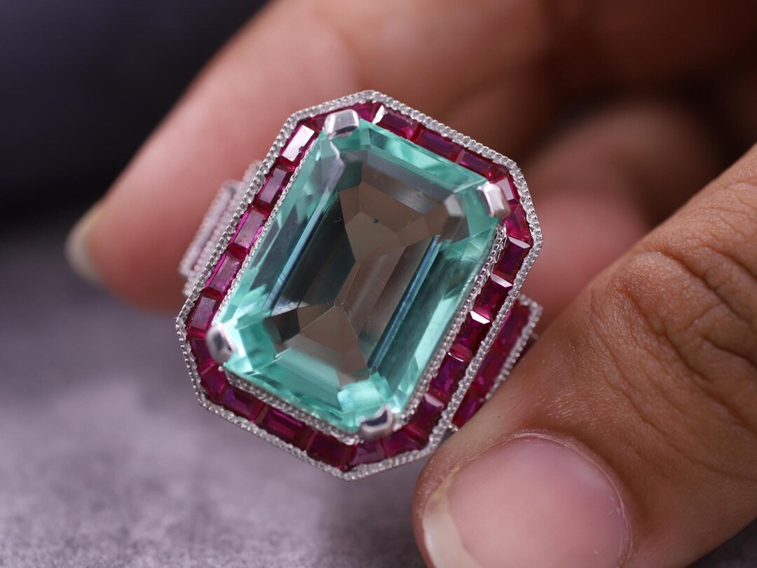Big Green Emerald Cut Diamond Engagement Ring, Ruby Baguette Halo ...