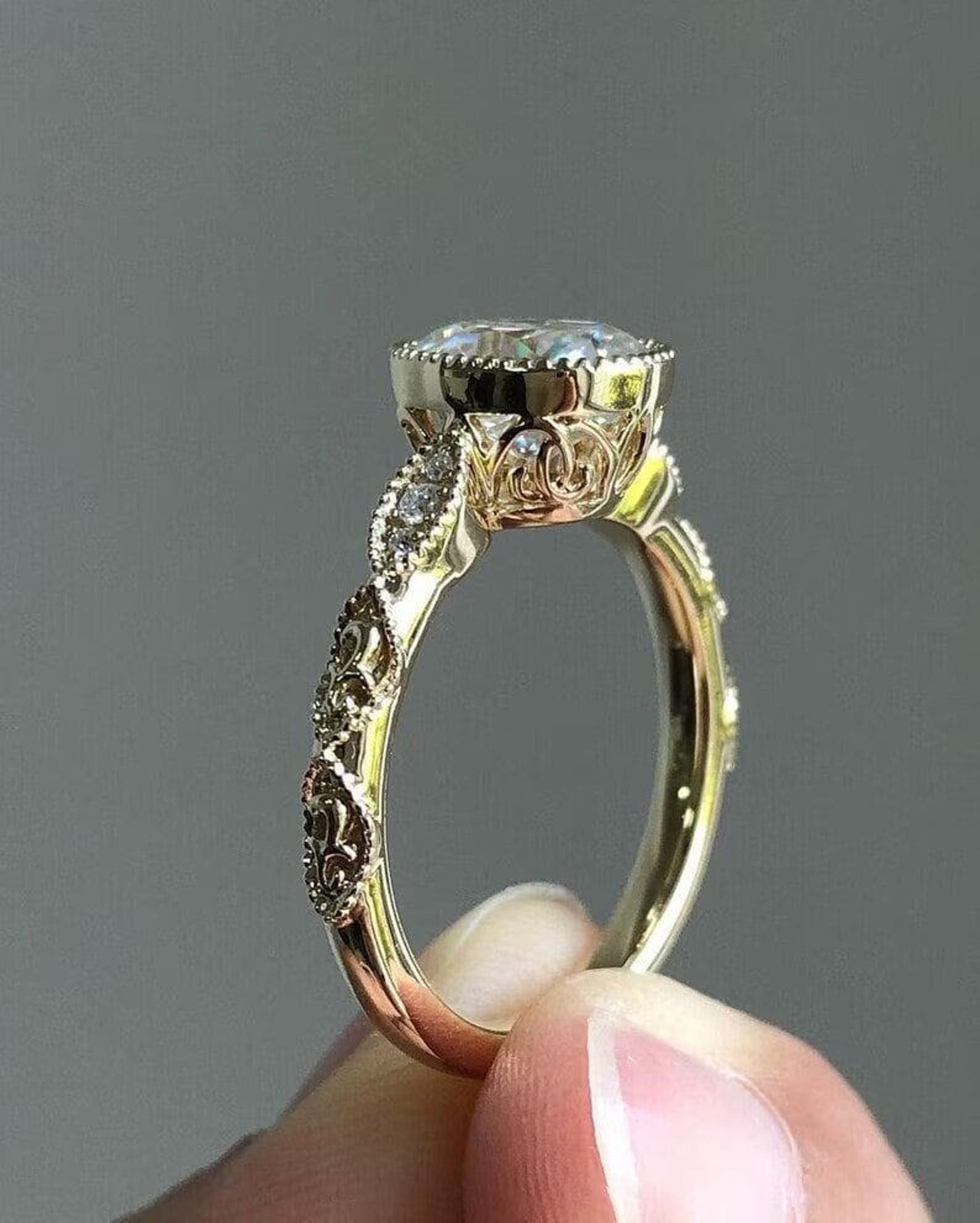 Filigree Full Bezel Set Wedding Ring, Oval Cut Moissanite Engagement ...