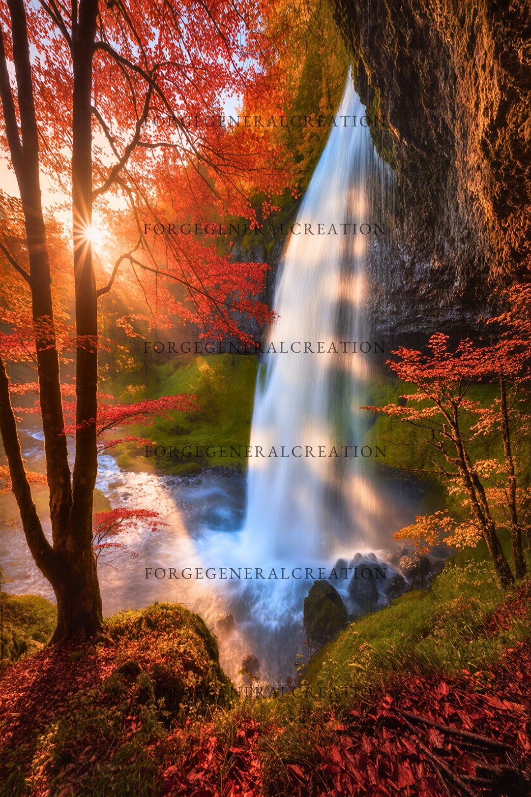 Autumn Waterfall Glow – Dramatic Fall Wall Art Print - Etsy