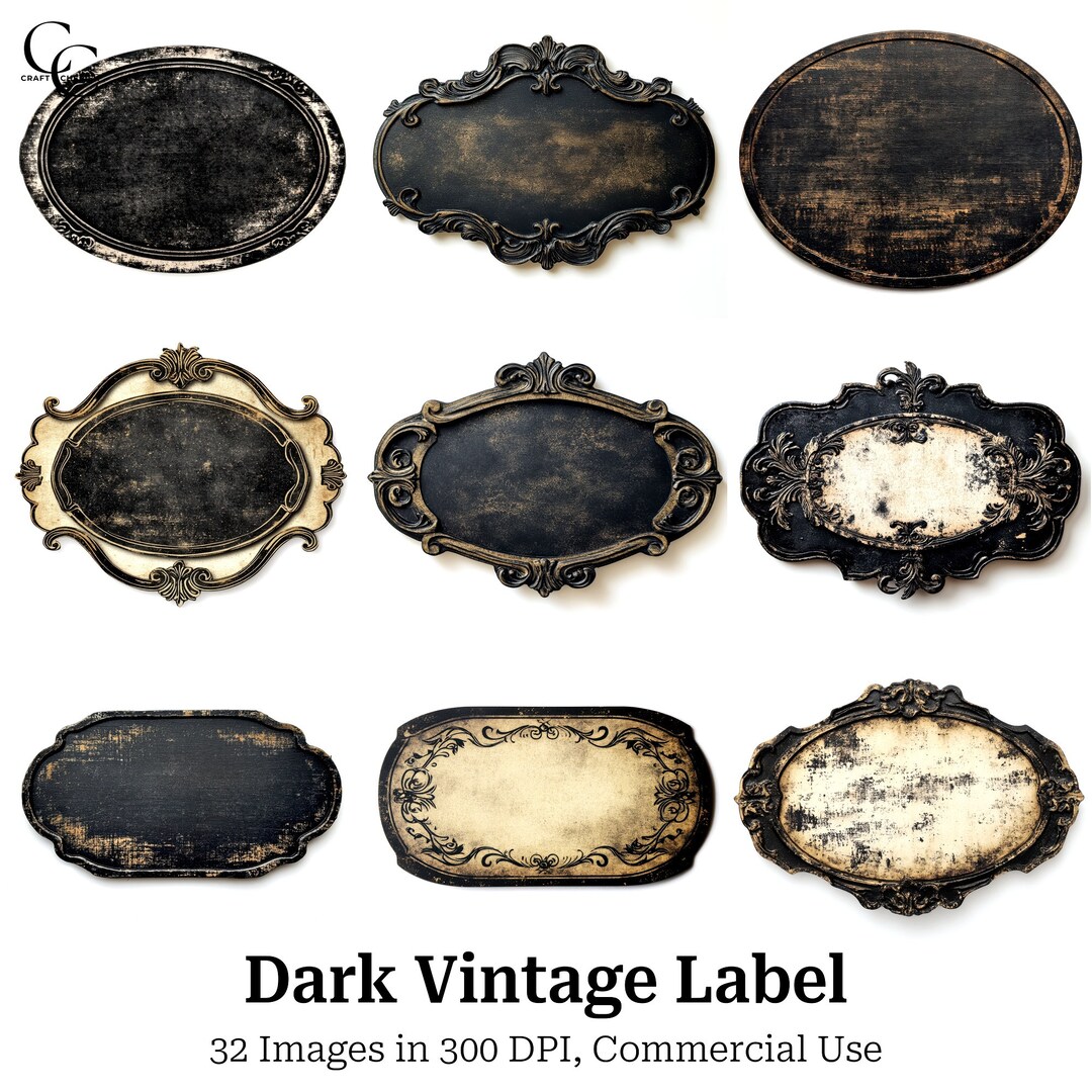 32 Dark Vintage Label, Ephemera, Black Label, Old Frame Tags, Printable ...