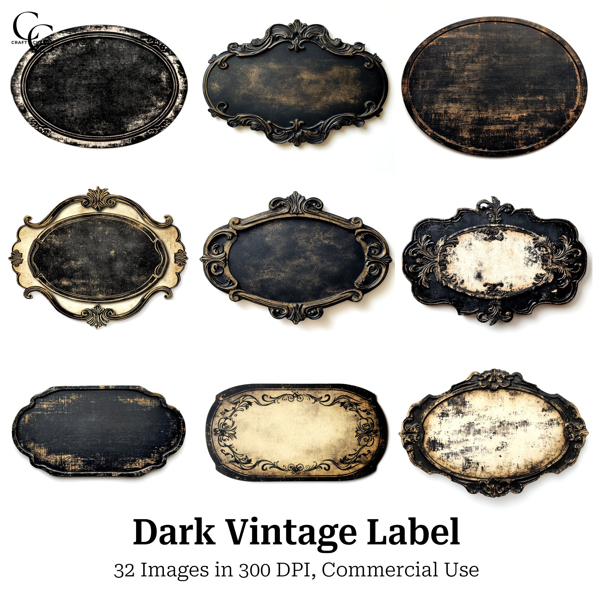 32 Dark Vintage Label, Ephemera, Black Label, Old Frame Tags, Printable ...