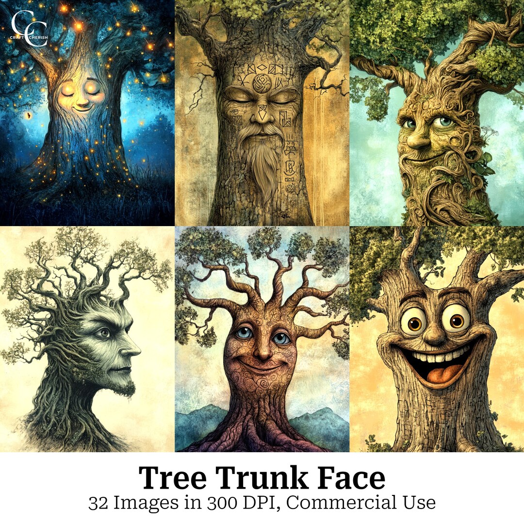 32 Tree Trunk Face, Whimsical Tree Spirit, Photos for Junk Journal ...