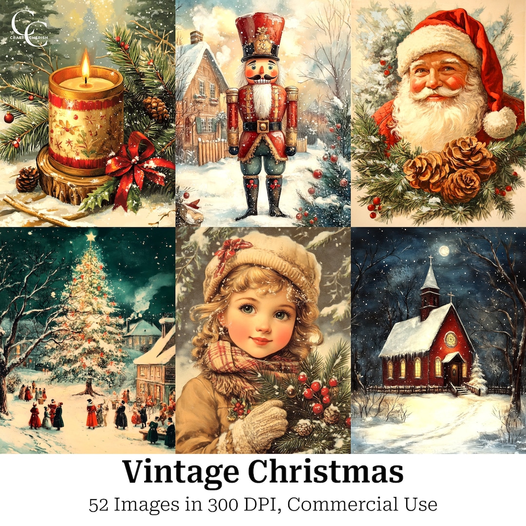 52 Vintage Christmas Scene Photos, Cozy Santa & Reindeers, Winter ...