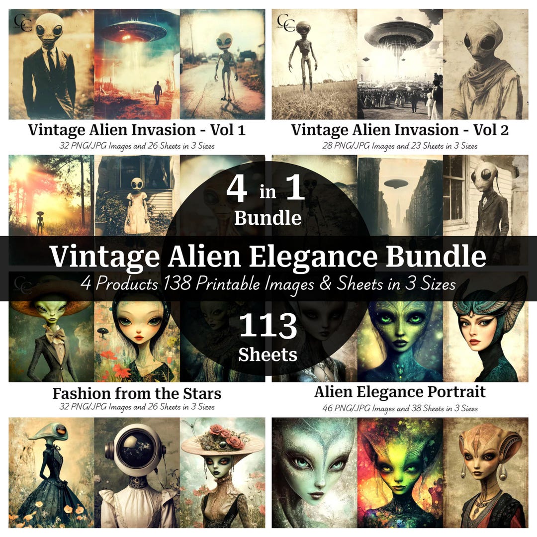 138 Vintage Alien Elegance Printable Images Bundle, Vintage Alien ...