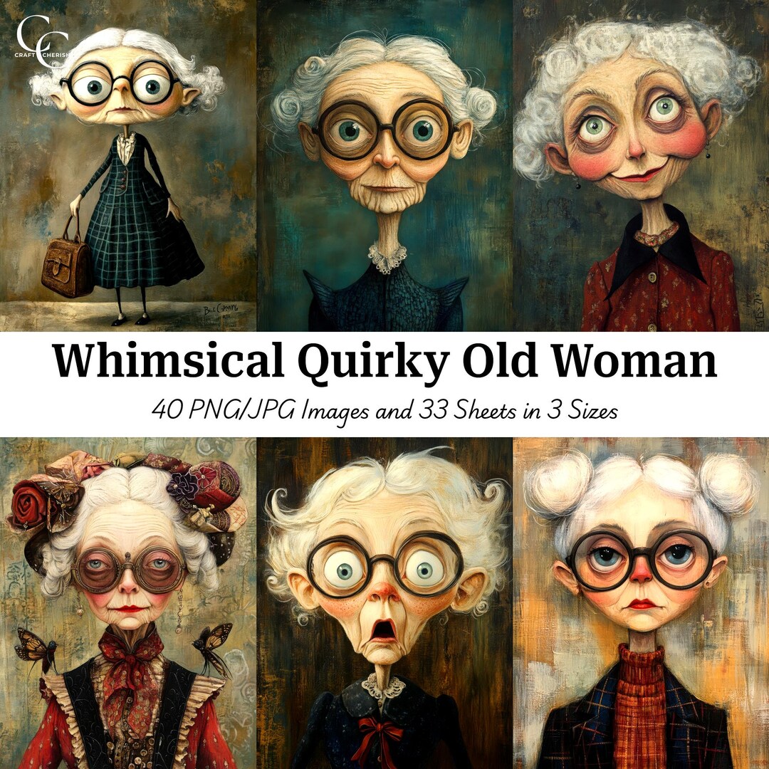 40 Vintage Quirky Old Lady Printable Images, Cartoon Grandmother, Paper ...