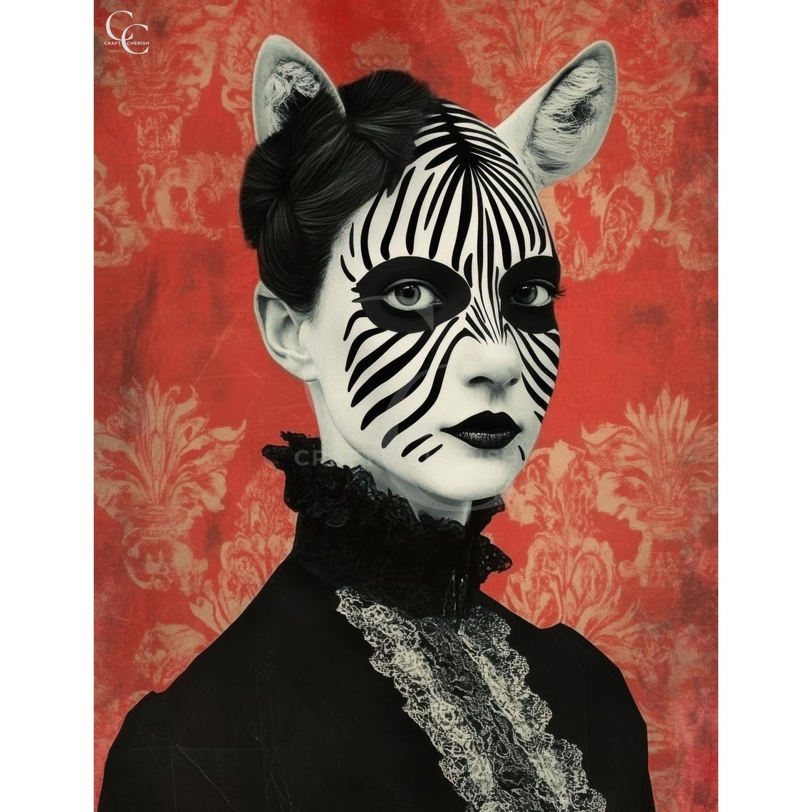 Surreal Zebra Woman Art: Whimsical Face Girl Images for Junk Journals ...