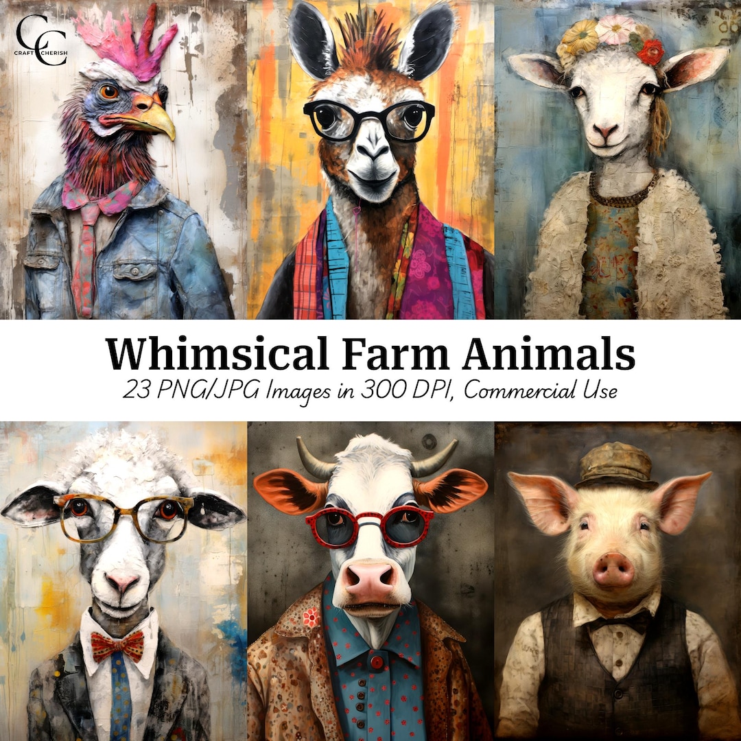 23 Farm Animals in Outfits Printable Images, Mixed Media Animal, Paper ...