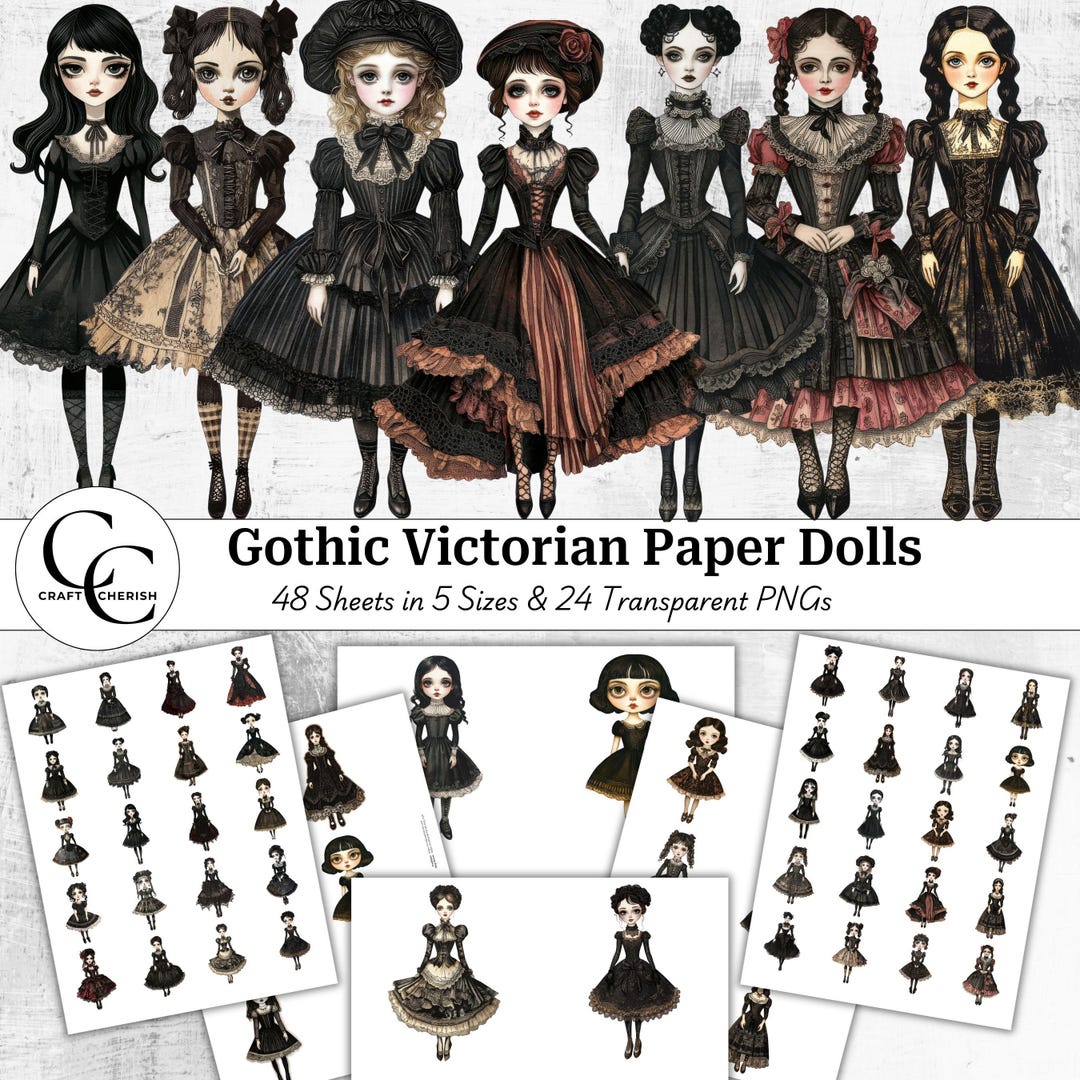 40 Gothic Victorian Paper Doll Collages, Vintage Halloween, Transparent ...