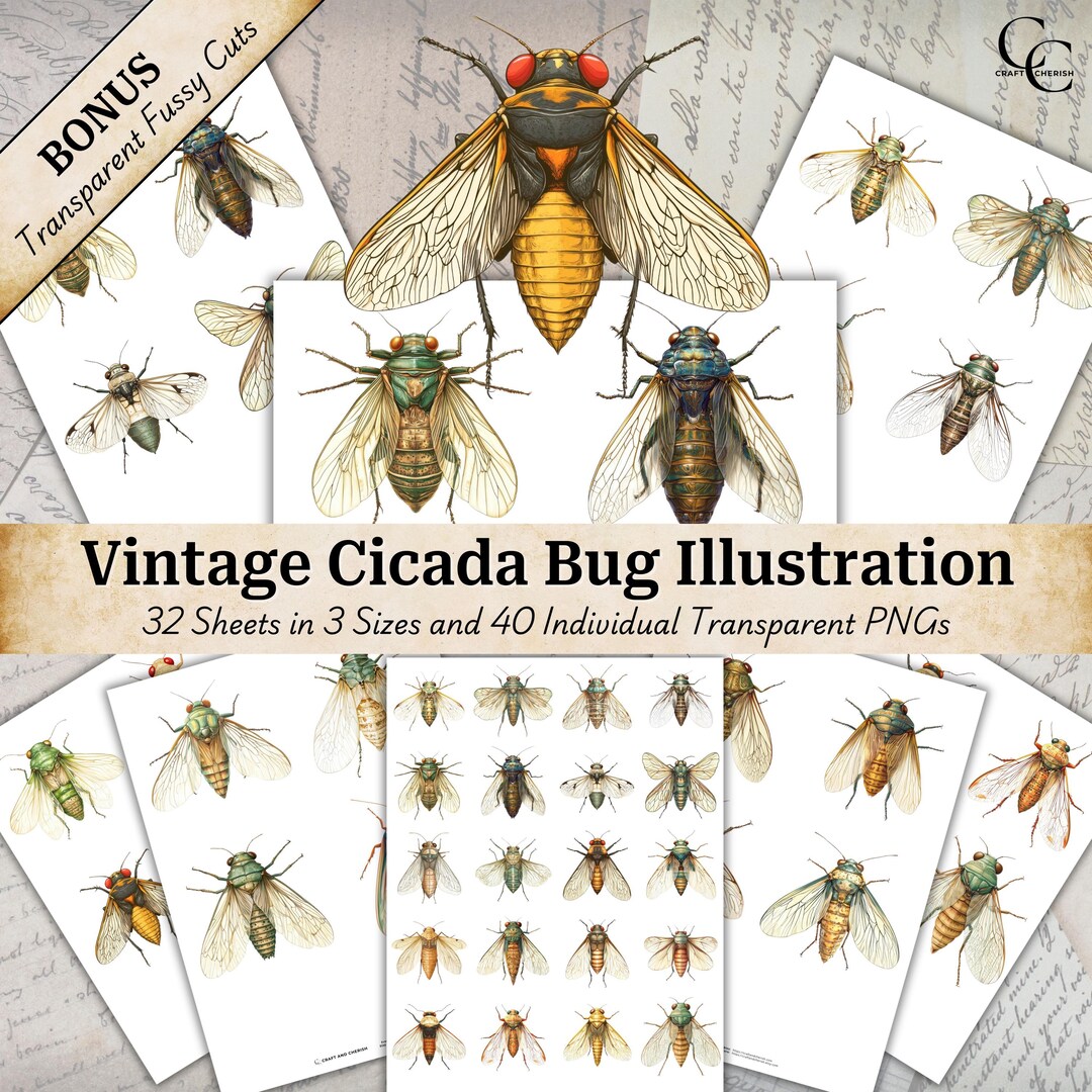Vintage Cicada Bug Illustration, Ephemera PNG Bundle (digital Download ...