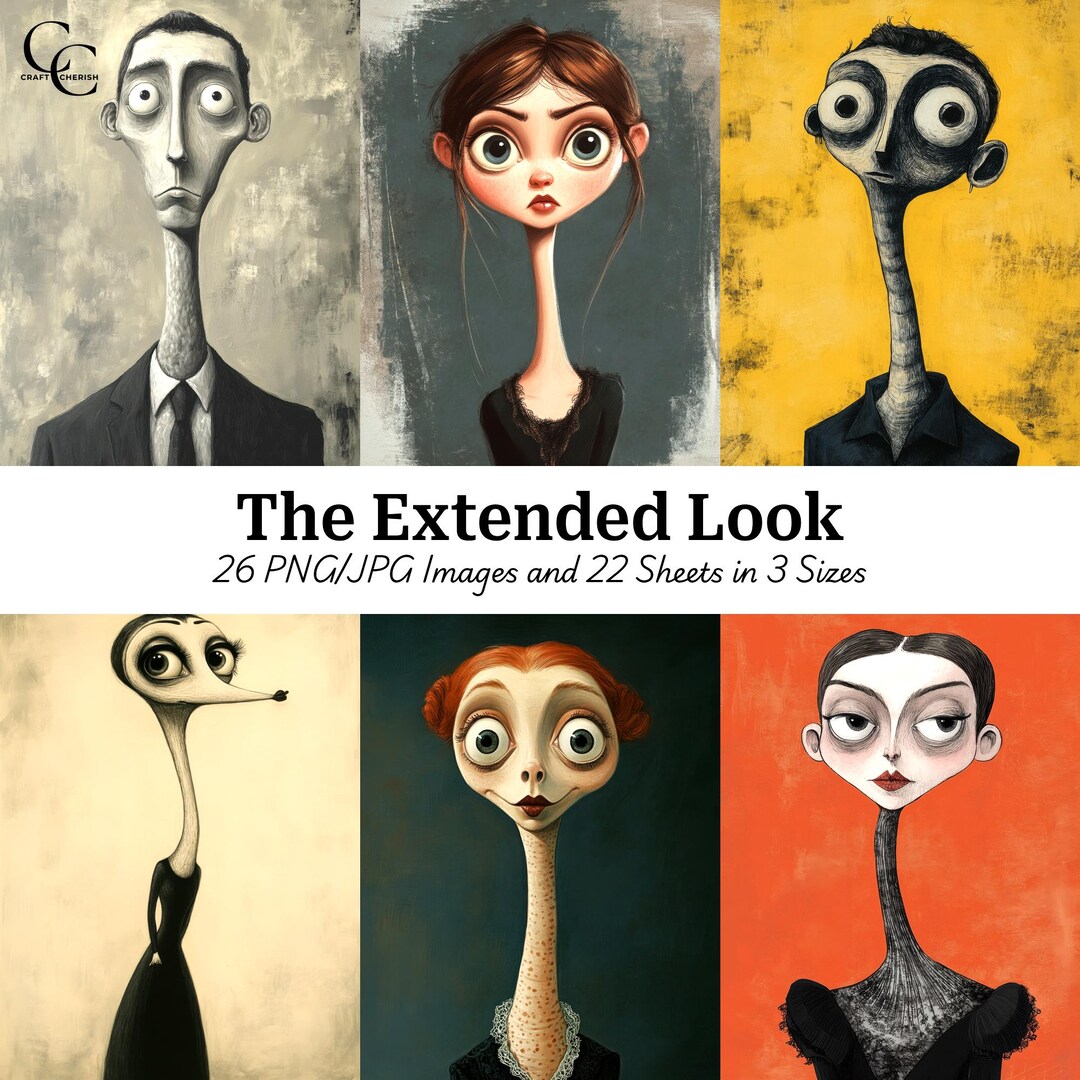 26 Whimsical Long Neck Woman & Men, Surreal Cartoon Funny Portrait ...