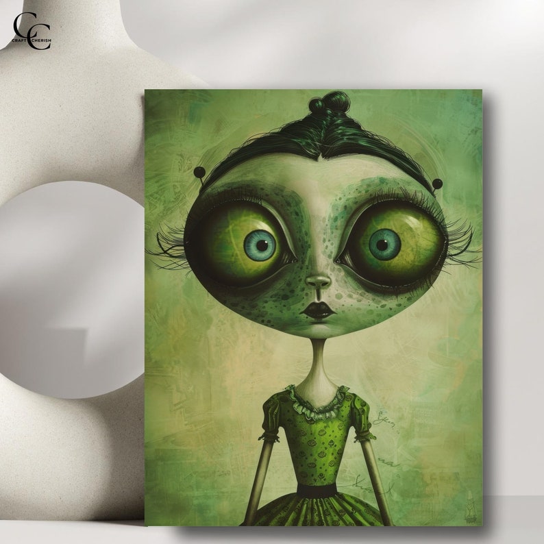 25 Green Woman, Whimsical Green Lady, Big Eyes Girl, Printable Images ...